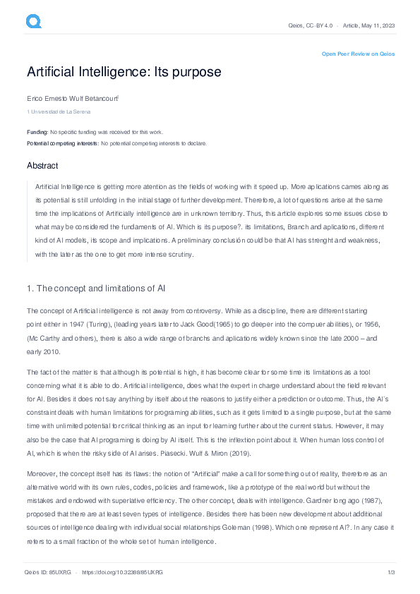 (PDF) Artificial Intelligence: Its purpose
