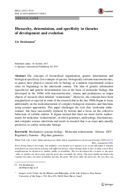 (PDF) Hierarchy, determinism, and specificity in theories of development and evolution
