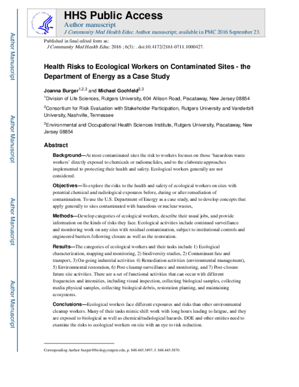 (PDF) Health Risks to Ecological Workers on Contaminated Sites - the ...