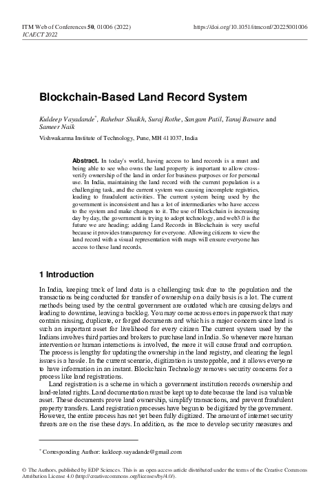 Pdf Blockchain Based Land Record System Sangam Patil