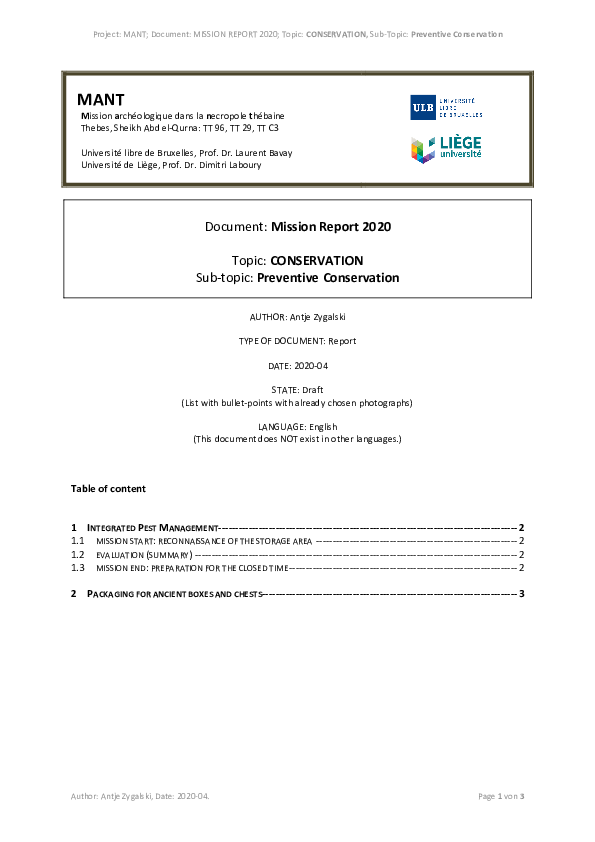 (PDF) MANT-Project; Mission Report 2020; Conservation: Preventive Conservation