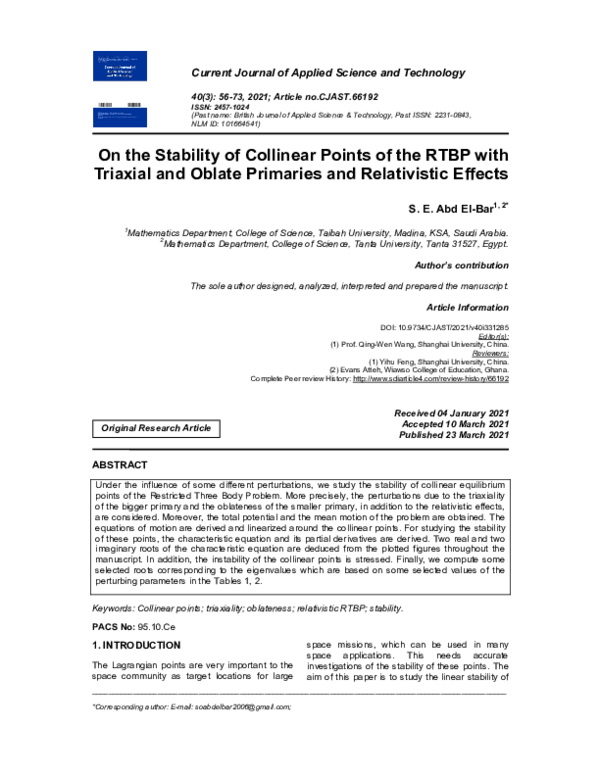 (PDF) On the Stability of Collinear Points of the RTBP with Triaxial ...