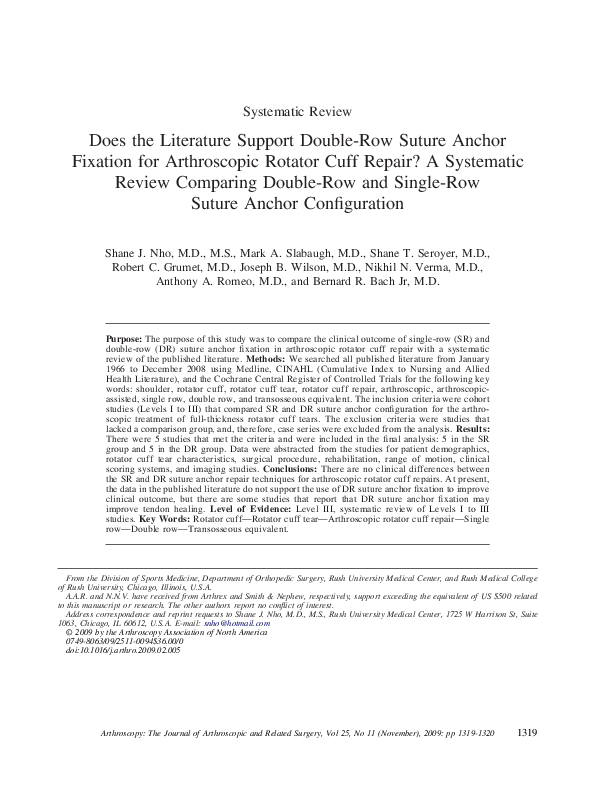 (PDF) Does the Literature Support Double-Row Suture Anchor Fixation for Arthroscopic Rotator ...