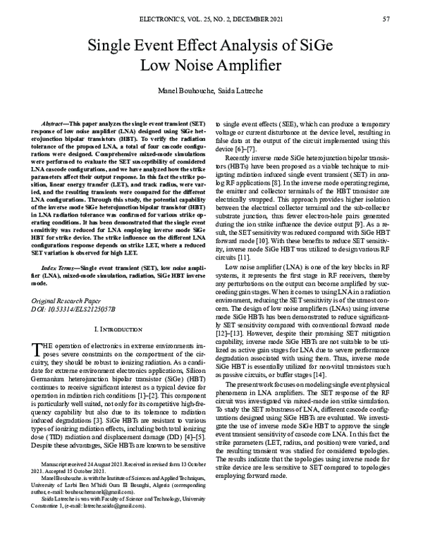 (PDF) Single Event Effect Analysis of SiGe Low Noise Amplifier