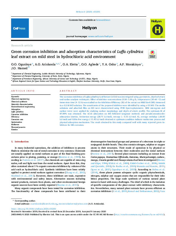 (PDF) Green corrosion inhibition and adsorption characteristics of Luffa cylindrica leaf extract ...