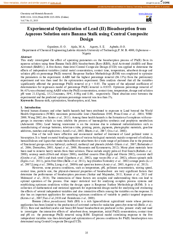 (PDF) Experimental Optimization of Lead (II) Bioadsorption from Aqueous Solution onto Banana ...