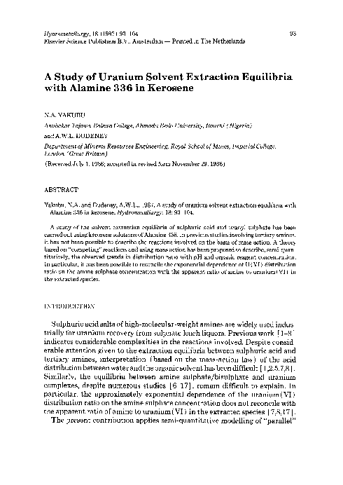 (PDF) A study of uranium solvent extraction equilibria with Alamine 336 ...