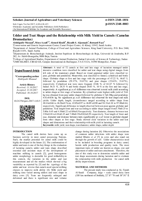 (PDF) Udder and teat shape and the relationship with milk yield in ...