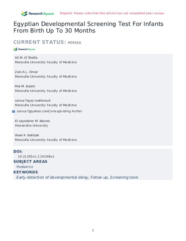 (PDF) Egyptian Developmental Screening Test For Infants From Birth Up ...