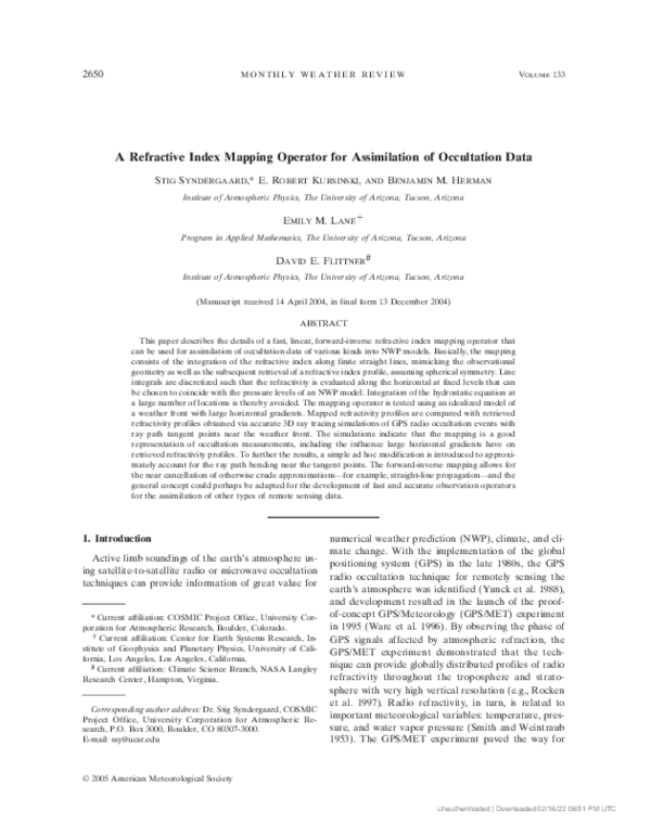 (PDF) A Refractive Index Mapping Operator for Assimilation of Occultation Data