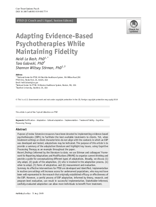(PDF) Adapting Evidence-Based Psychotherapies While Maintaining Fidelity