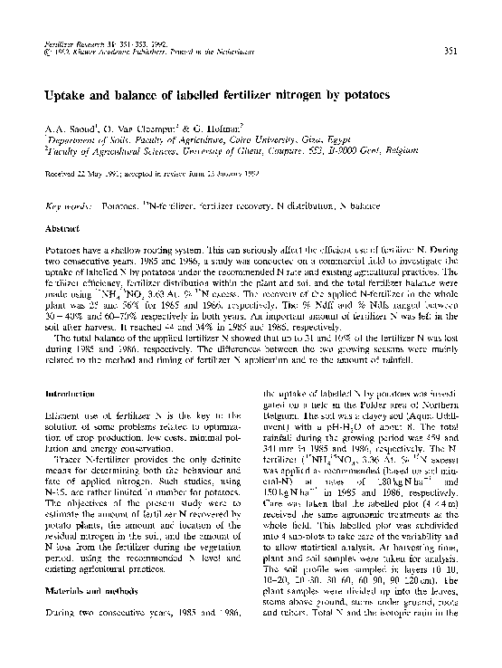 (PDF) Uptake and balance of labelled fertilizer nitrogen by potatoes
