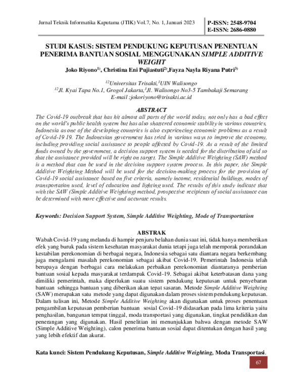 Studi Kasus: Sistem Pendukung Keputusan Penentuan Penerima Bantuan Sosial Menggunakan Simple ...