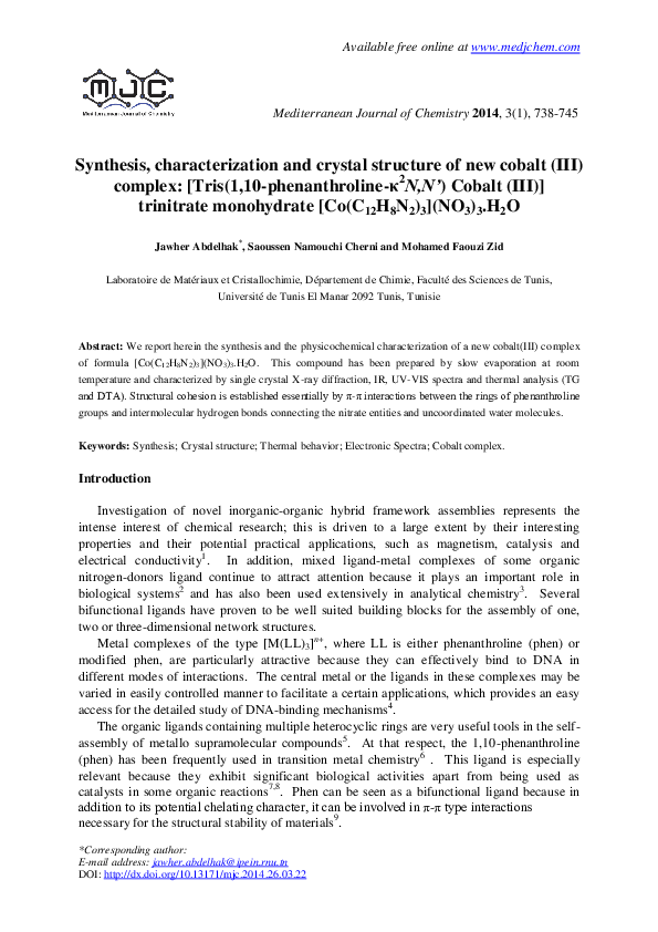 (PDF) Synthesis, characterization and crystal structure of new cobalt (III) complex: [Tris(1,10 ...