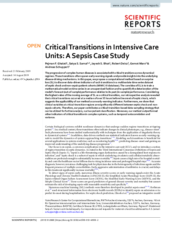 (PDF) Critical Transitions in Intensive Care Units: A Sepsis Case Study