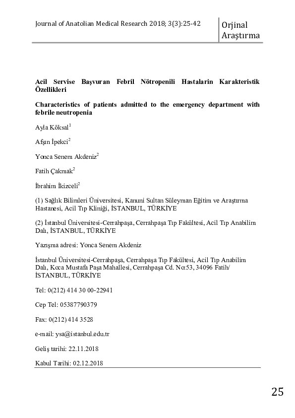 (PDF) Aci̇l Servi̇se Başvuran Febri̇l Nötropeni̇li̇ Hastalarin Karakteri̇sti̇k Özelli̇kleri̇