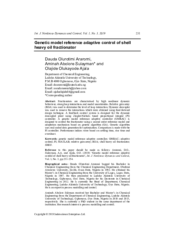 (PDF) Genetic model reference adaptive control of shell heavy oil fractionator