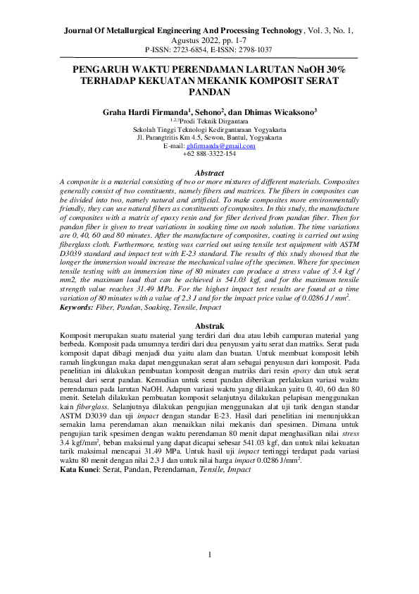 (PDF) PENGARUH WAKTU PERENDAMAN LARUTAN NaOH 30% TERHADAP KEKUATAN MEKANIK KOMPOSIT SERAT PANDAN