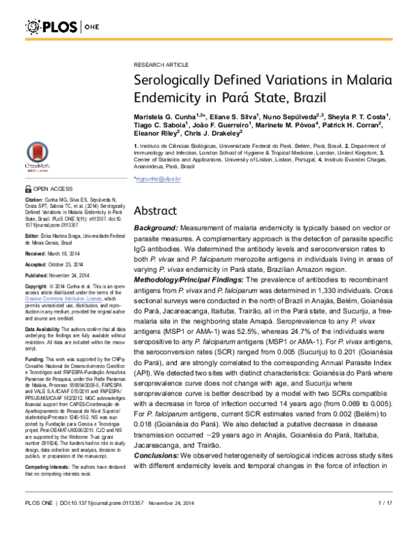 (PDF) Serologically defined variations in malaria endemicity in Pará state, Brazil