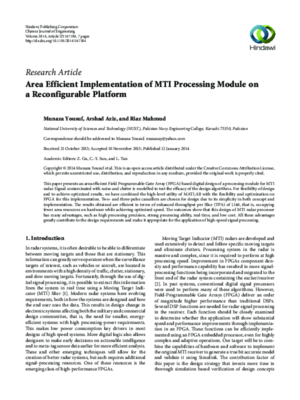 (PDF) Area Efficient Implementation of MTI Processing Module on a Reconfigurable Platform