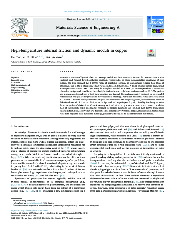 (PDF) High-temperature internal friction and dynamic moduli in copper