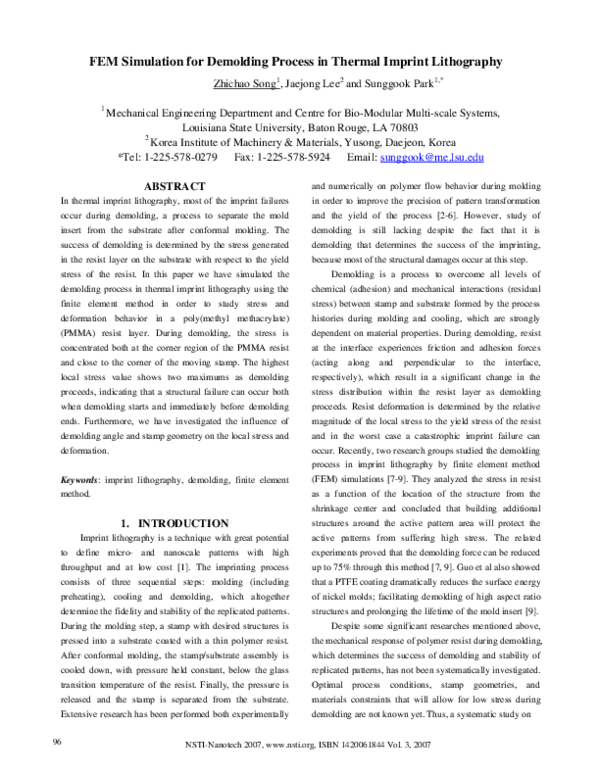 (PDF) Finite Element Analysis for Demolding Process in Thermal Imprint ...