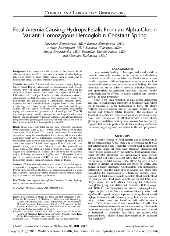 (PDF) Fetal Anemia Causing Hydrops Fetalis From an Alpha-Globin Variant ...