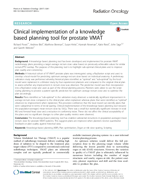 (PDF) Clinical implementation of a knowledge based planning tool for ...