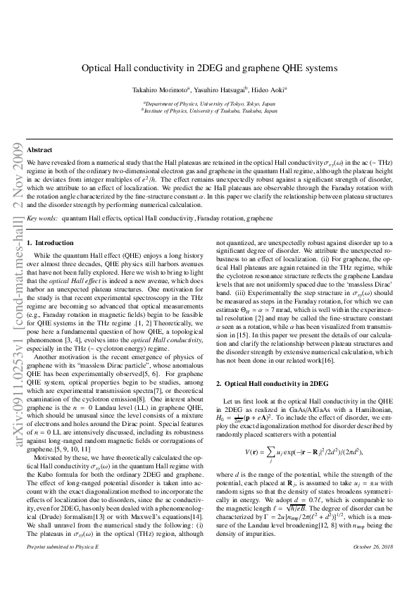 (PDF) Optical Hall conductivity in 2DEG and graphene QHE systems