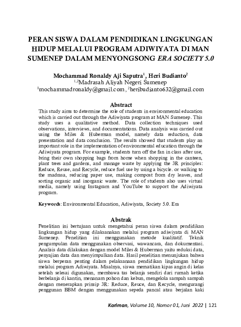 (PDF) Peran Siswa Dalam Pendidikan Lingkungan Hidup Melalui Program ...