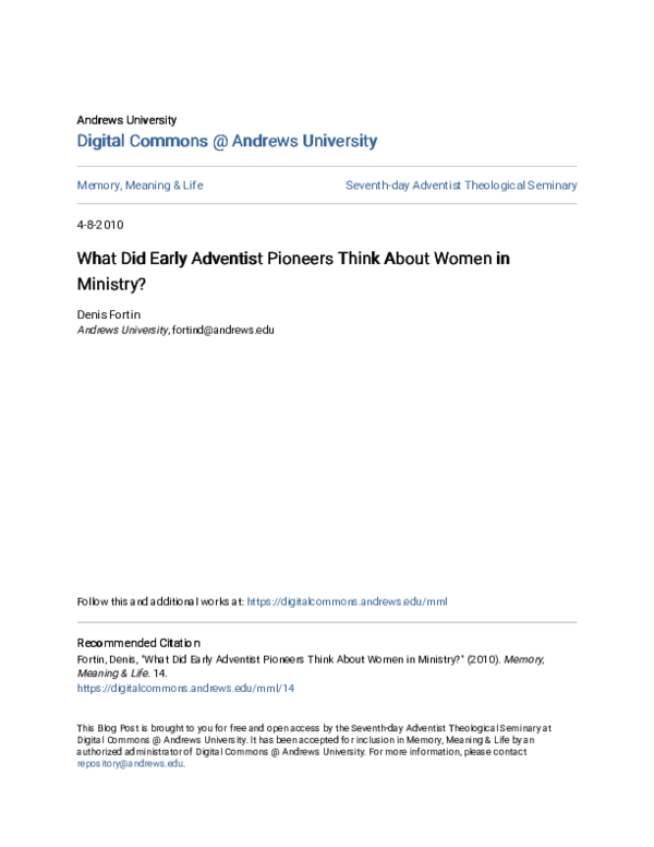 (PDF) What Did Early Adventist Pioneers Think About Women in Ministry