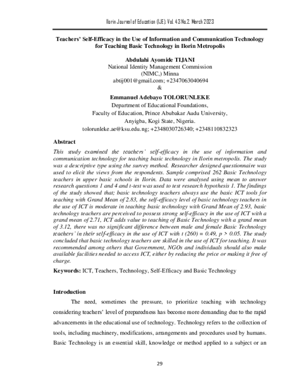 (PDF) Teachers' Self-Efficacy in the Use of Information and ...