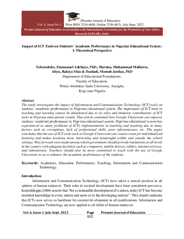 (PDF) Impact of ICT Tools on Students' Academic Performance in Nigerian Educational System: A ...