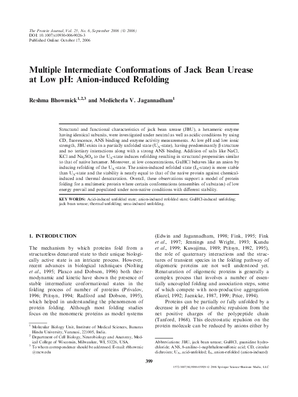(PDF) Multiple Intermediate Conformations of Jack Bean Urease at Low pH ...