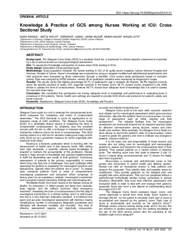 (PDF) Knowledge Practice of GCS Among Nurses Working at ICU: Cross ...