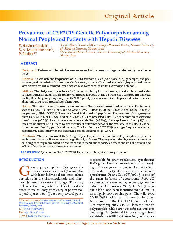 (PDF) Prevalence of CYP2C19 Genetic Polymorphism among Normal People ...