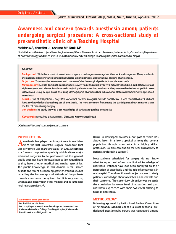 (PDF) Awareness and concern towards anesthesia among patients ...