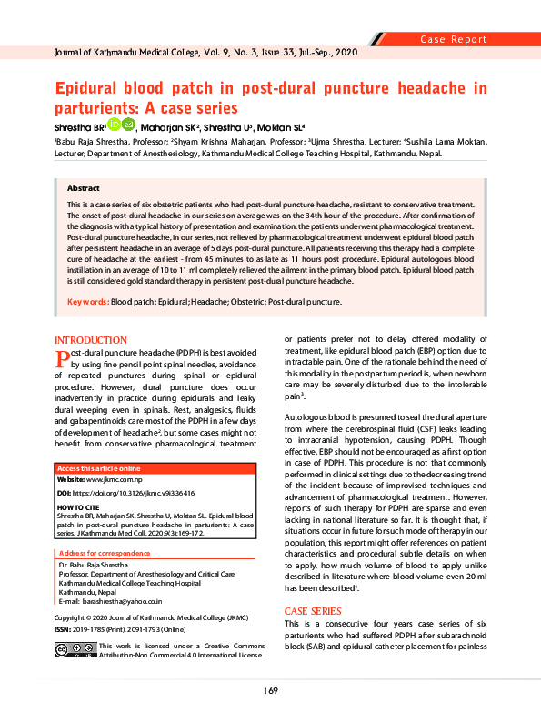 (PDF) Epidural blood patch in post-dural puncture headache in ...