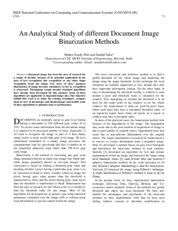 (PDF) An Analytical Study of Different Document Image Binarization Methods