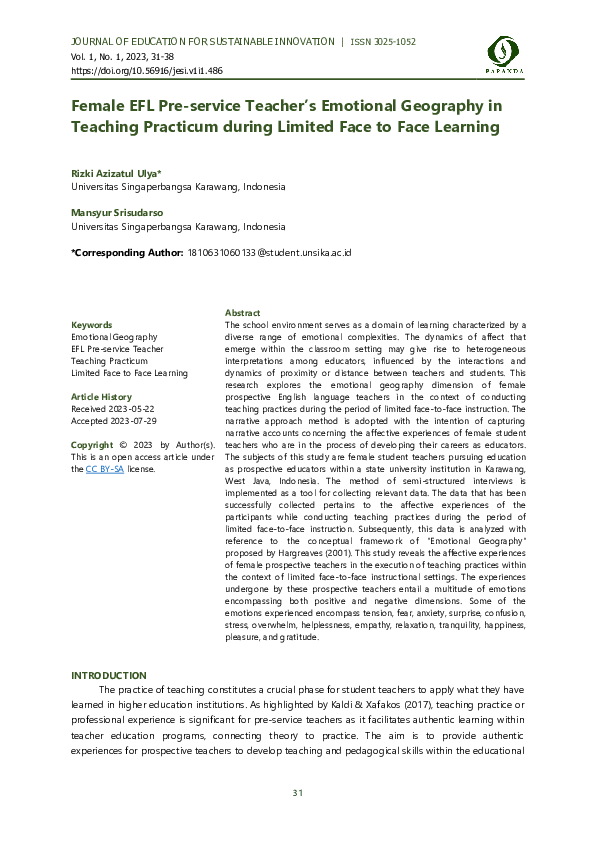 (PDF) Female EFL Pre-service Teacher’s Emotional Geography in Teaching Practicum during Limited ...