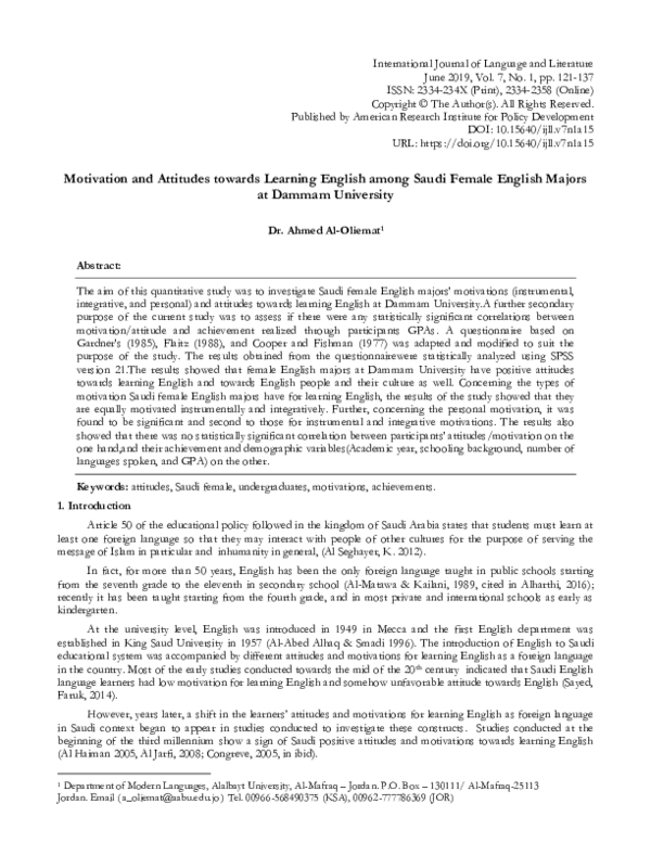 (PDF) Motivation and Attitudes towards Learning English among Saudi ...