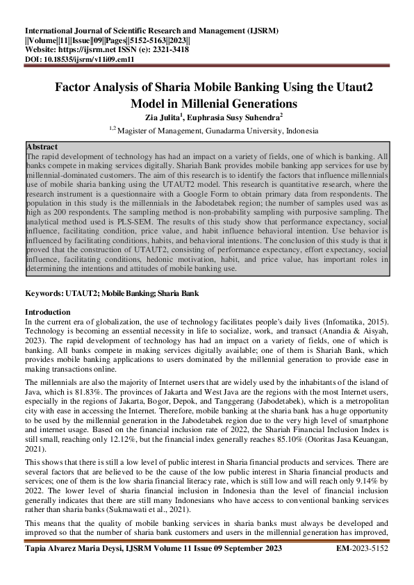 (PDF) Factor Analysis of Sharia Mobile Banking Using the Utaut2 Model in Millenial Generations
