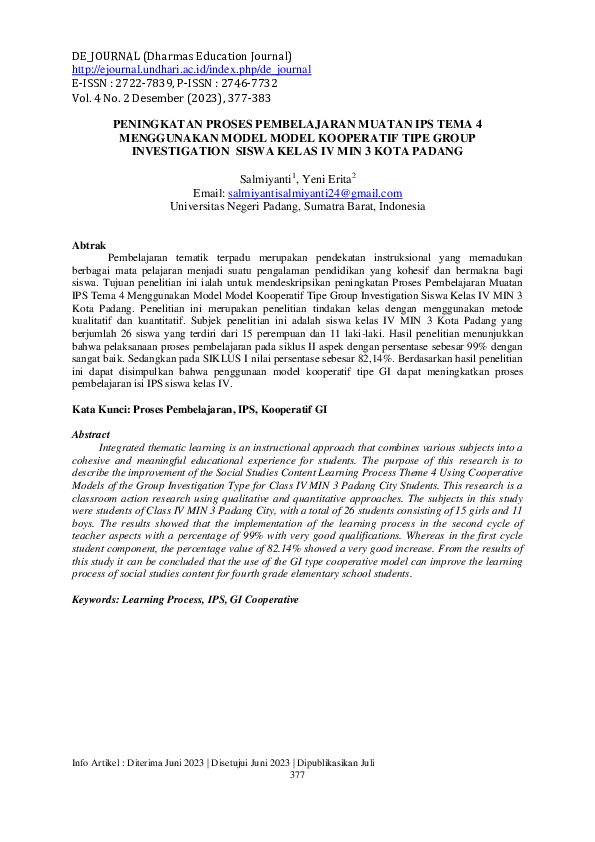 (PDF) Peningkatan Proses Pembelajaran Muatan Ips Tema 4 Menggunakan Model Model Kooperatif Tipe ...