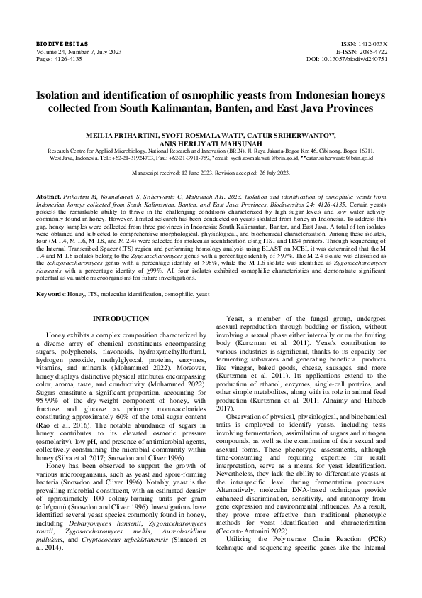 (PDF) Isolation and identification of osmophilic yeasts from Indonesian honeys collected from ...