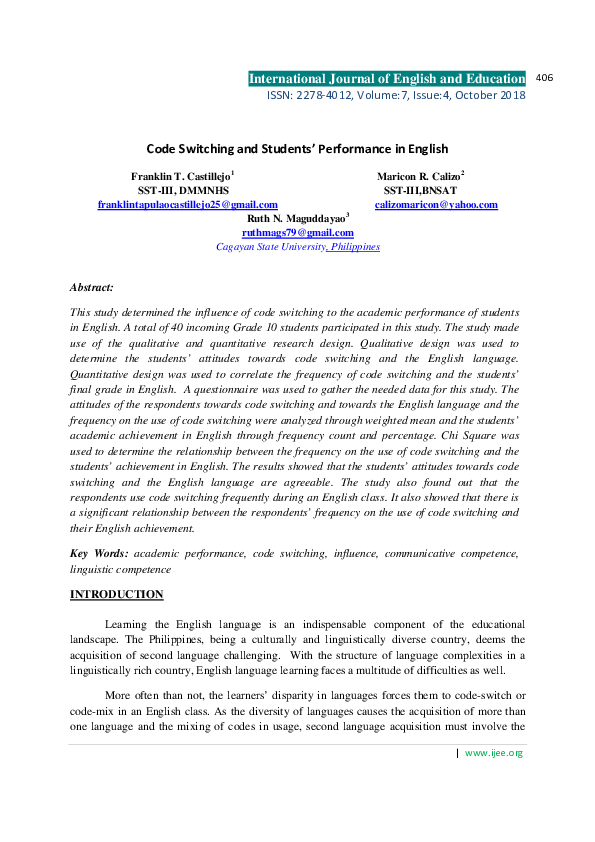 (PDF) Code Switching and Students’ Performance in English