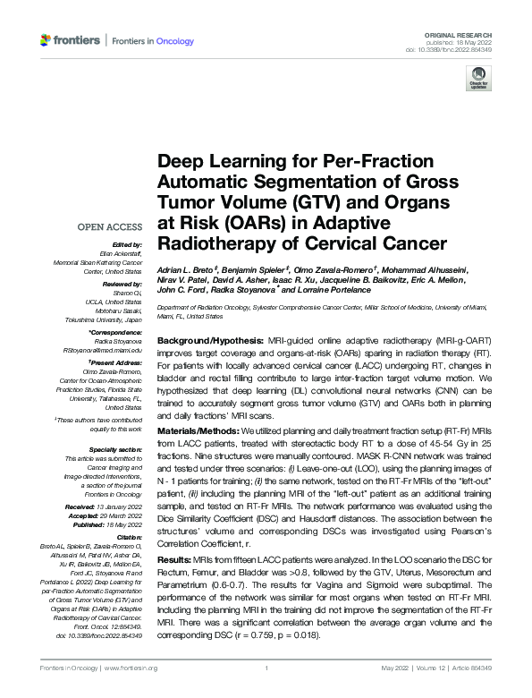 Pdf Deep Learning For Per Fraction Automatic Segmentation Of Gross Tumor Volume Gtv And