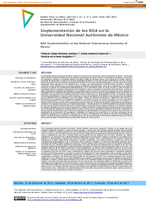 (PDF) RDA Implementation at the National Autonomous University of Mexico
