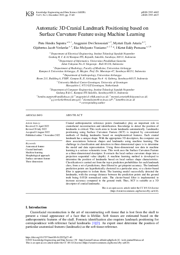 (PDF) Automatic 3D Cranial Landmark Positioning based on Surface Curvature Feature using Machine ...