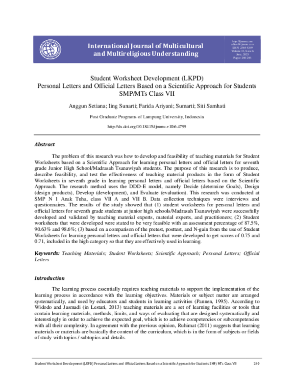 (PDF) Student Worksheet Development (LKPD) Personal Letters and Official Letters Based on a ...