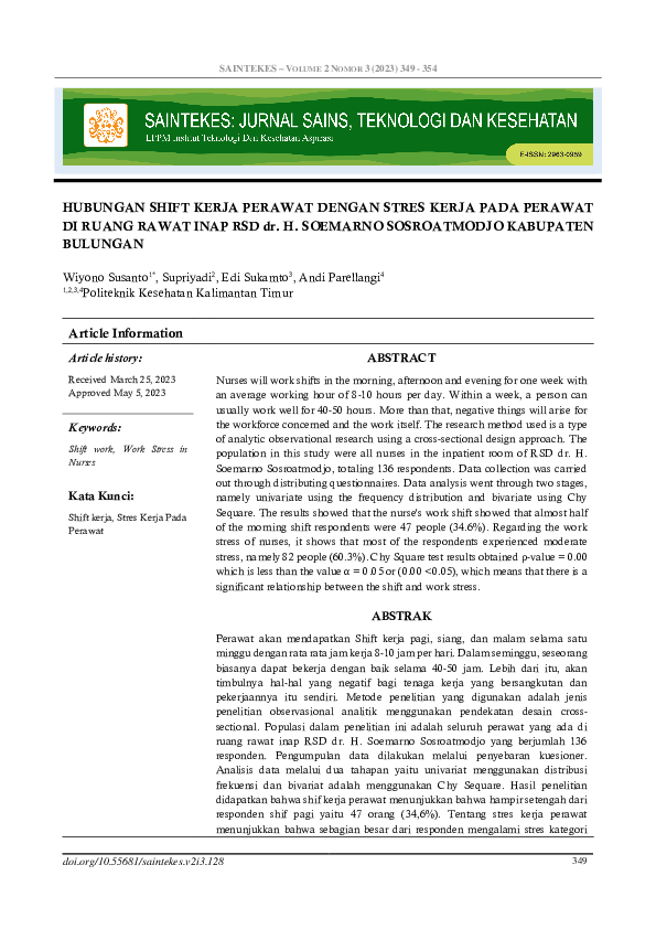 (PDF) HUBUNGAN SHIFT KERJA PERAWAT DENGAN STRES KERJA PADA PERAWAT DI RUANG RAWAT INAP RSD dr. H ...